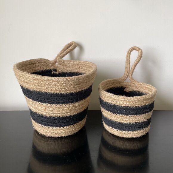 Accents | Woven Rope Wall Hanging Baskets Tan And Black Set Of 2 Home ...